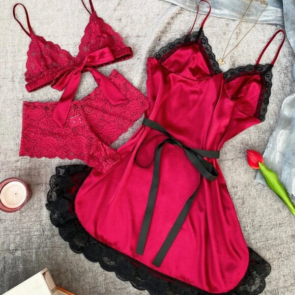 Intimates & Sleepwear | Womens Sleepwear 3pc Red Lingerie Set Nightie ...
